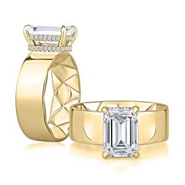 Modern Bezel Set Emerald Diamond Ring with Diamond Studded Gallery Rail ...