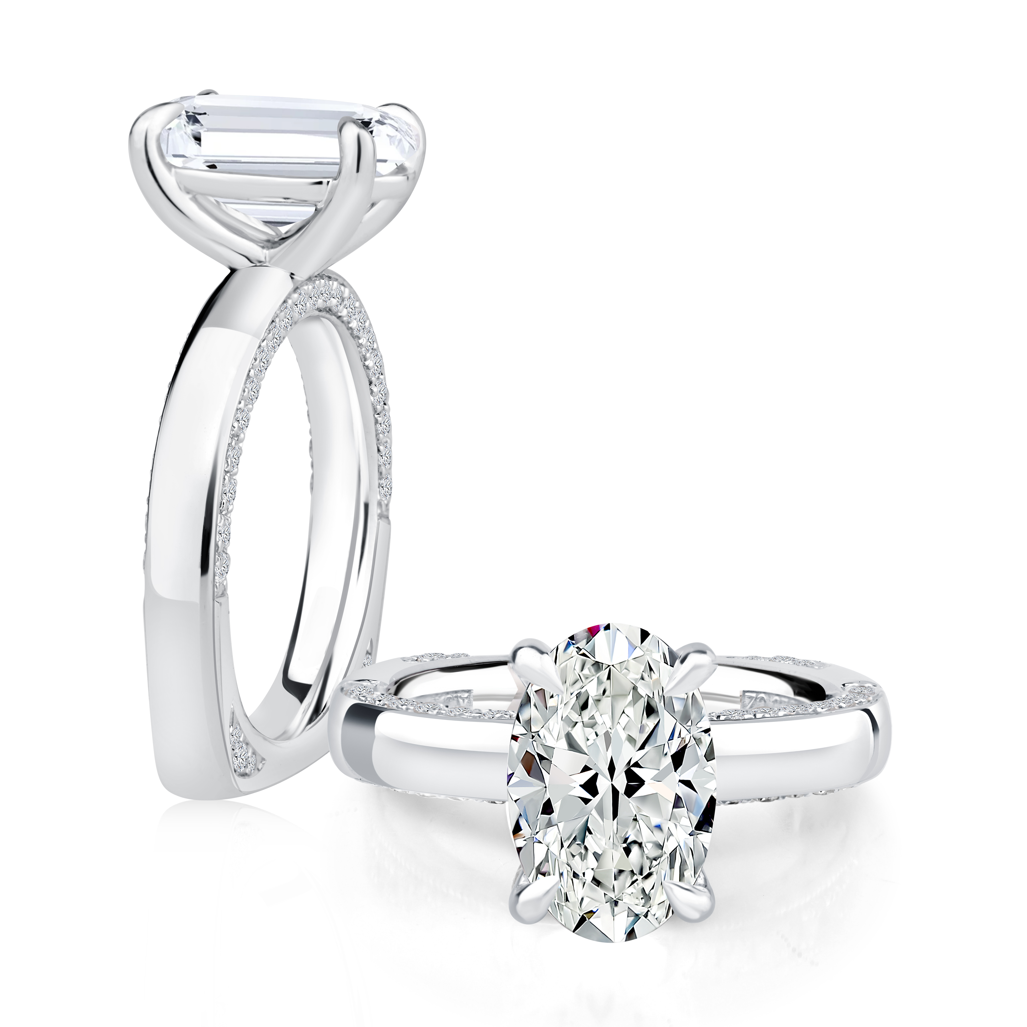 Claw Prongs Oval Center Diamond Engagement Ring with Diamond Lined Band ...